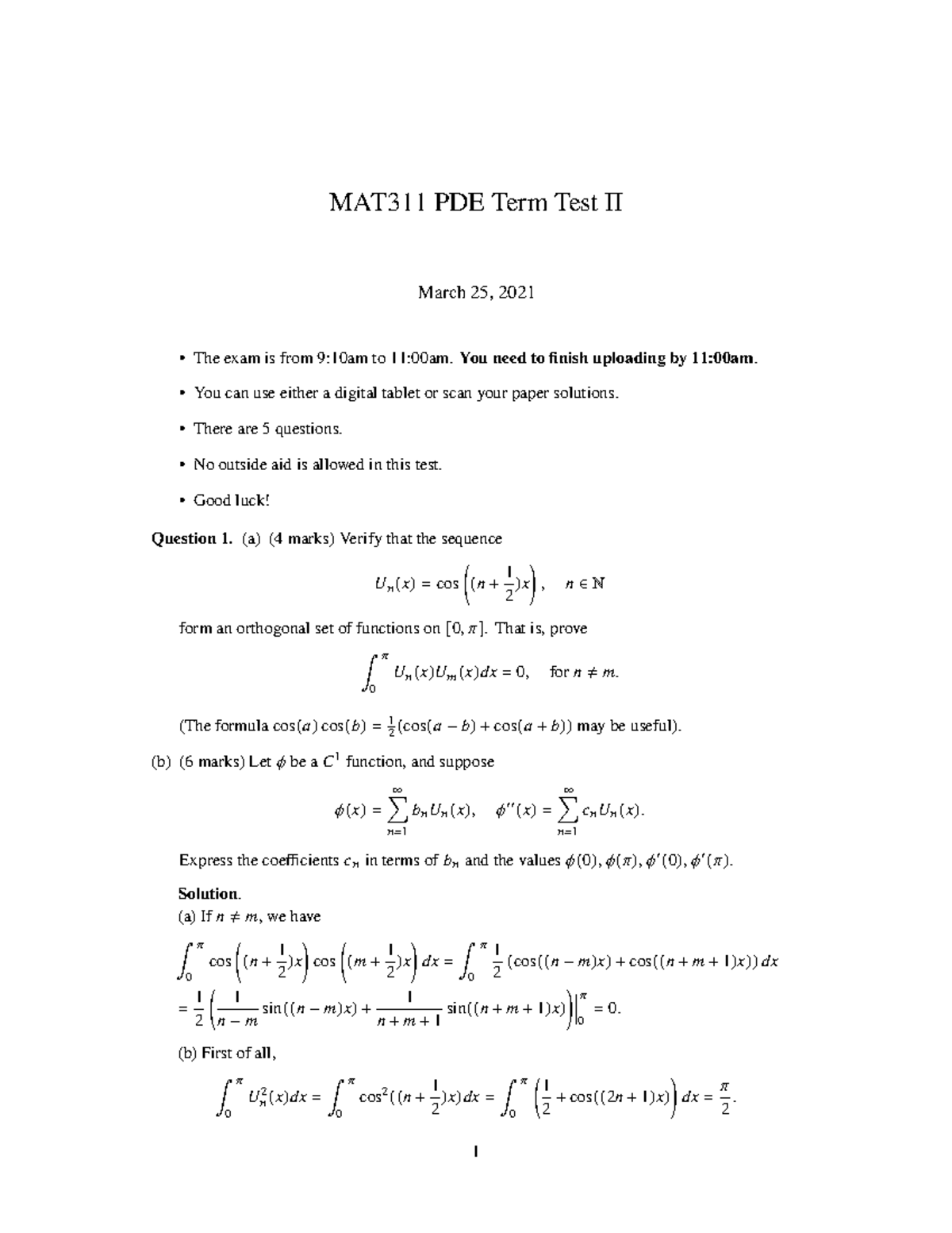 Mat311 2021 term test 2 solutions - MAT311 PDE Term Test II March 25 ...