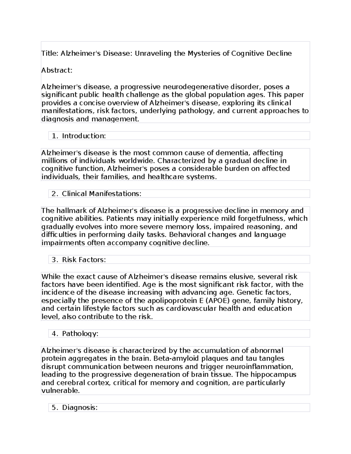 Alzh notes - Title: Alzheimer's Disease: Unraveling the Mysteries of ...