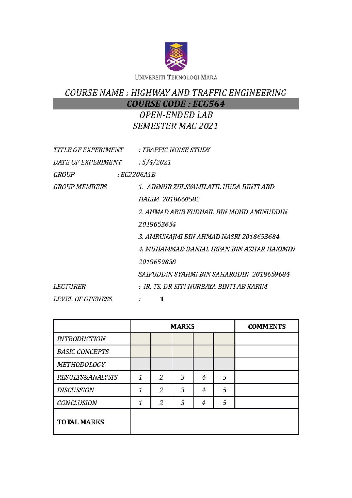 ECG564 LAB Report 2 - COURSE NAME : HIGHWAY AND TRAFFIC ENGINEERING ...