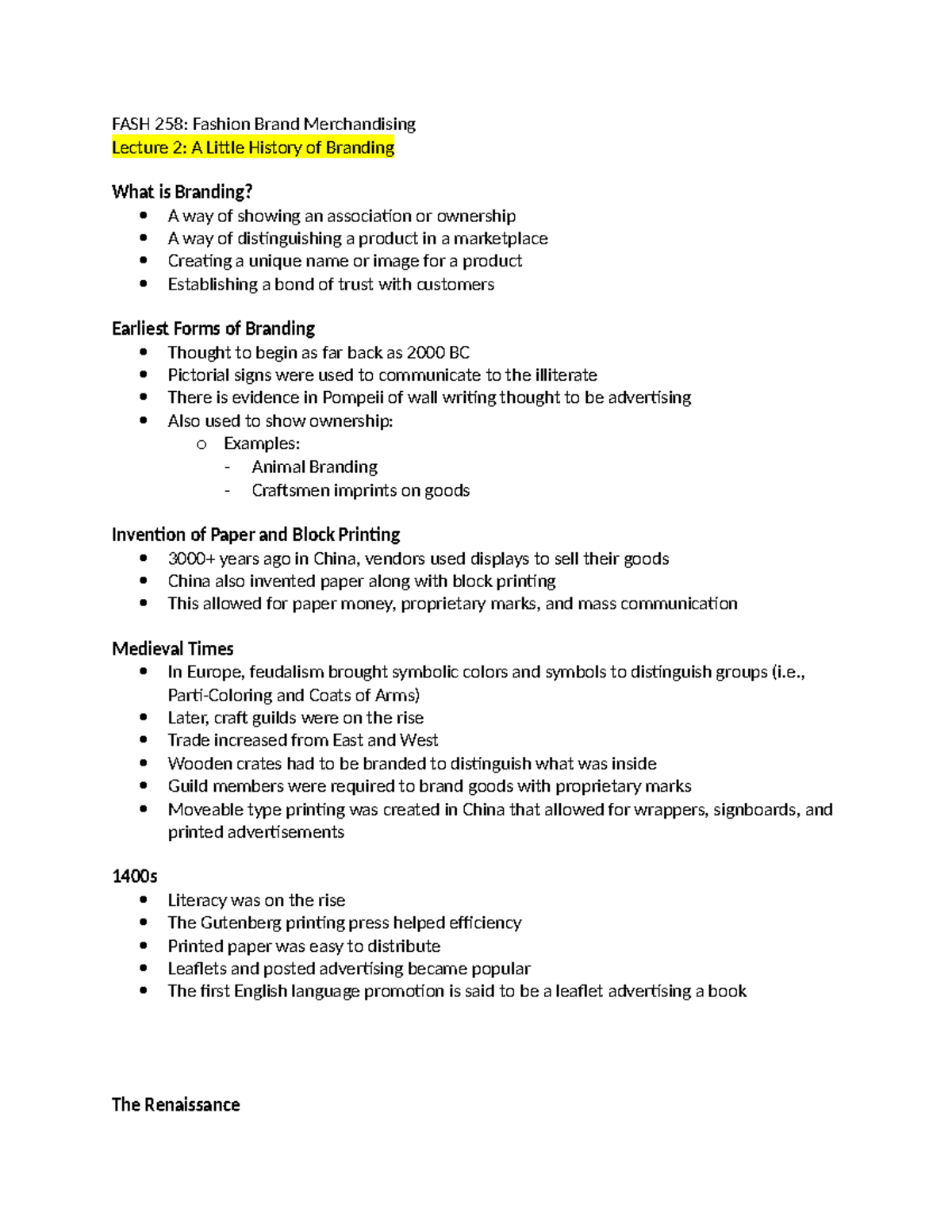 FASH 258 Fashion Brand notes - FASH 258: Fashion Brand Merchandising ...