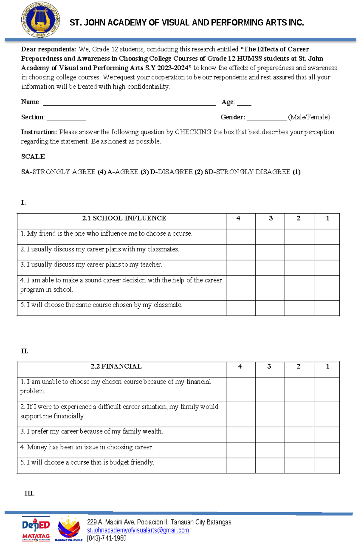 Questionnaire-3 - questionnaire in research - ST. JOHN ACADEMY OF ...