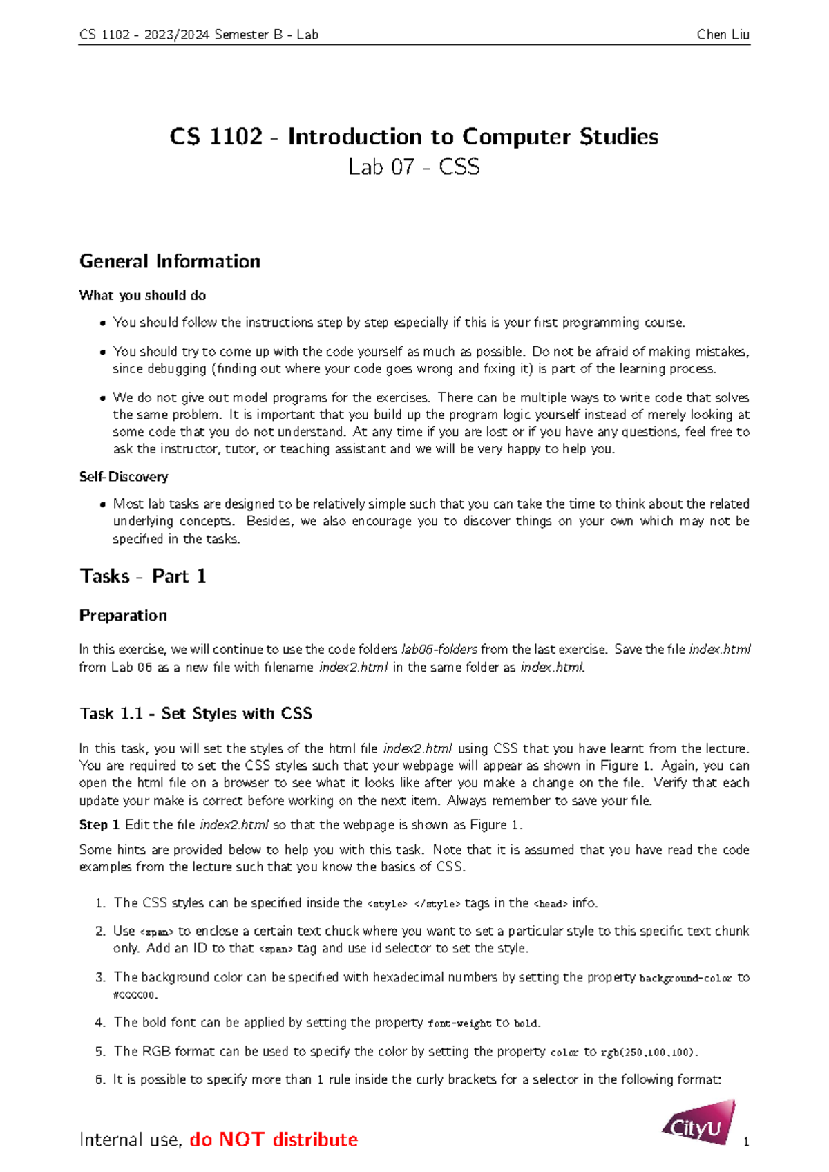 Lab07-CSS - Lab07-CSS - CS 1102 - Introduction to Computer Studies Lab 07 - CSS General ...
