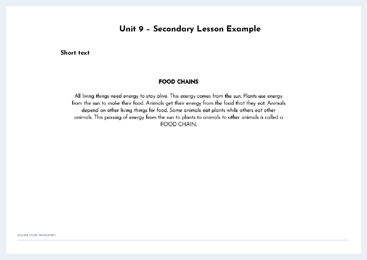 Short text - tefl - TEFL1 - COURSE STUDY WORKSHEET Unit 9 – Secondary ...
