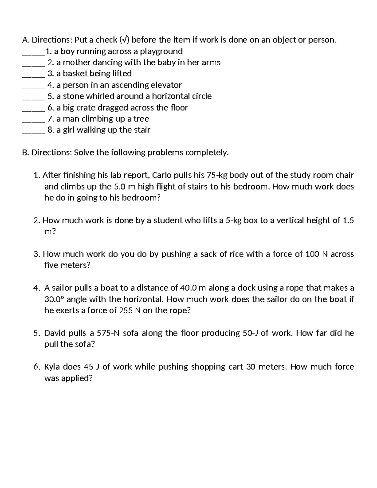 Work New Exercise - Quiz Work - A. Directions: Put a check (√) before ...