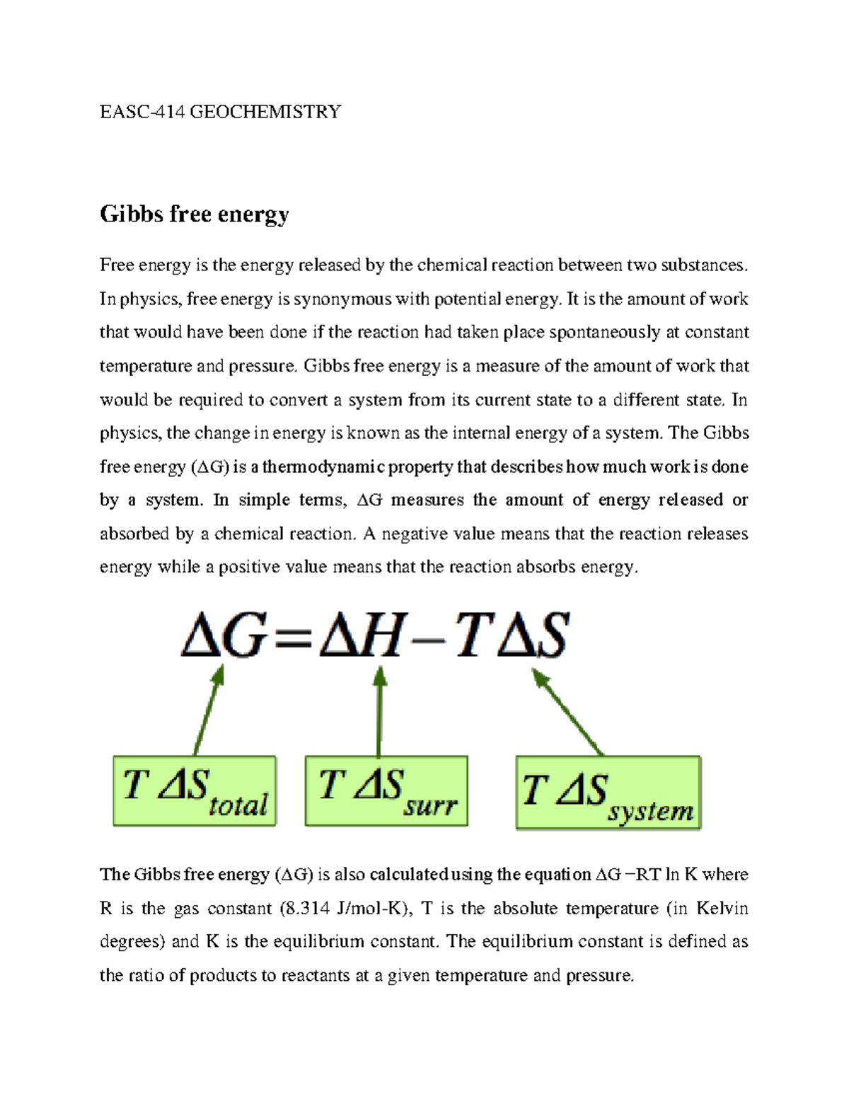 Gibbs free energy - EASC-414 GEOCHEMISTRY Gibbs free energy Free energy ...