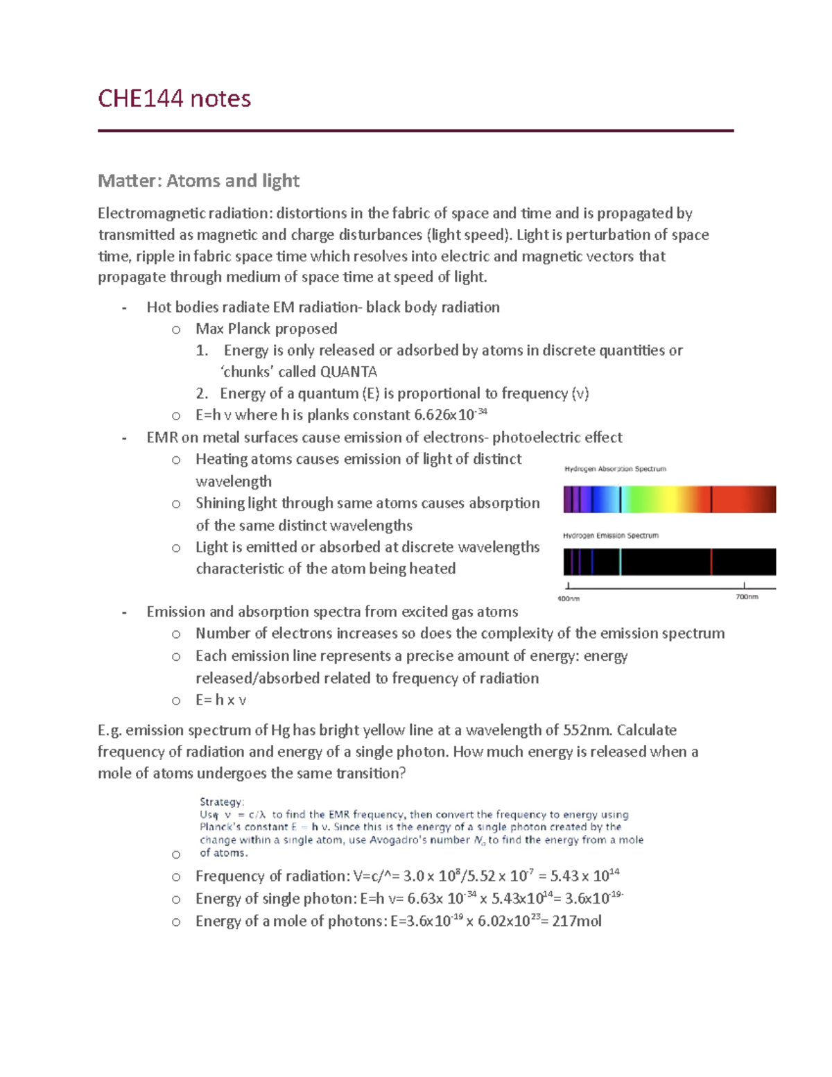 Chem notes - CHE144 notes Matter: Atoms and light Electromagnetic ...