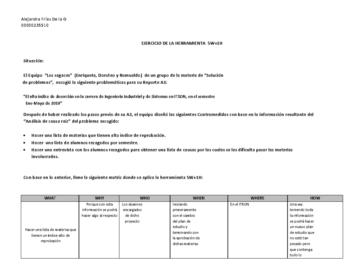 10.1 Ejercicio herramienta 5W+1H - Alejandra Frias De la O 00000235510 EJERCICIO DE LA ...