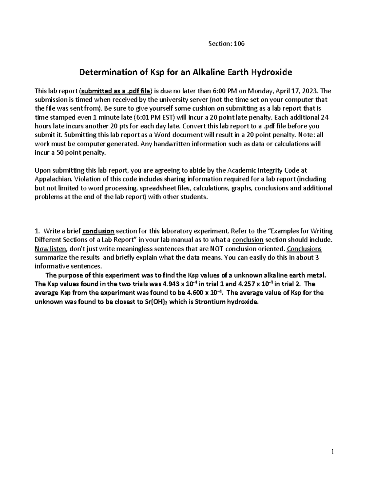 Ksp template spring 2023 - Section: 106 Determination of Ksp for an ...