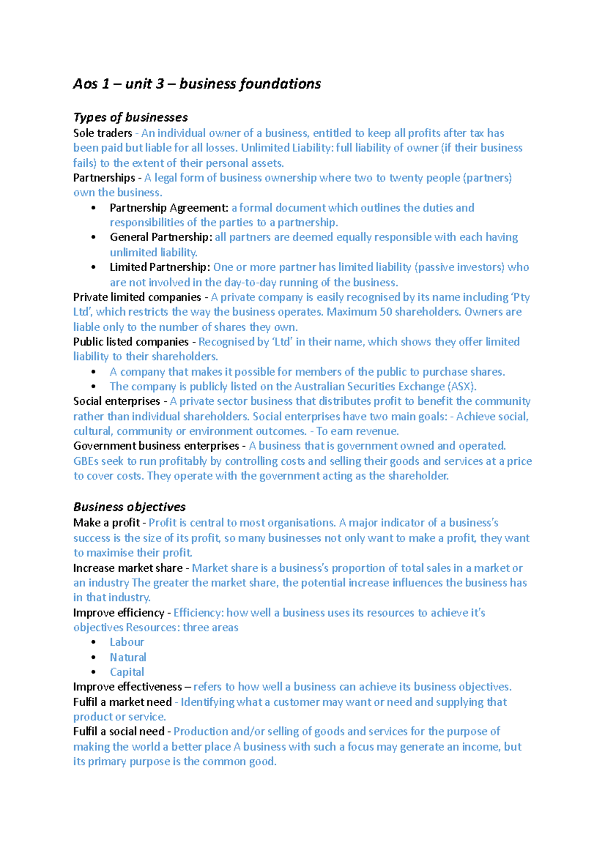 Aos 1 - unit 3 - business - Aos 1 – unit 3 – business foundations Types ...
