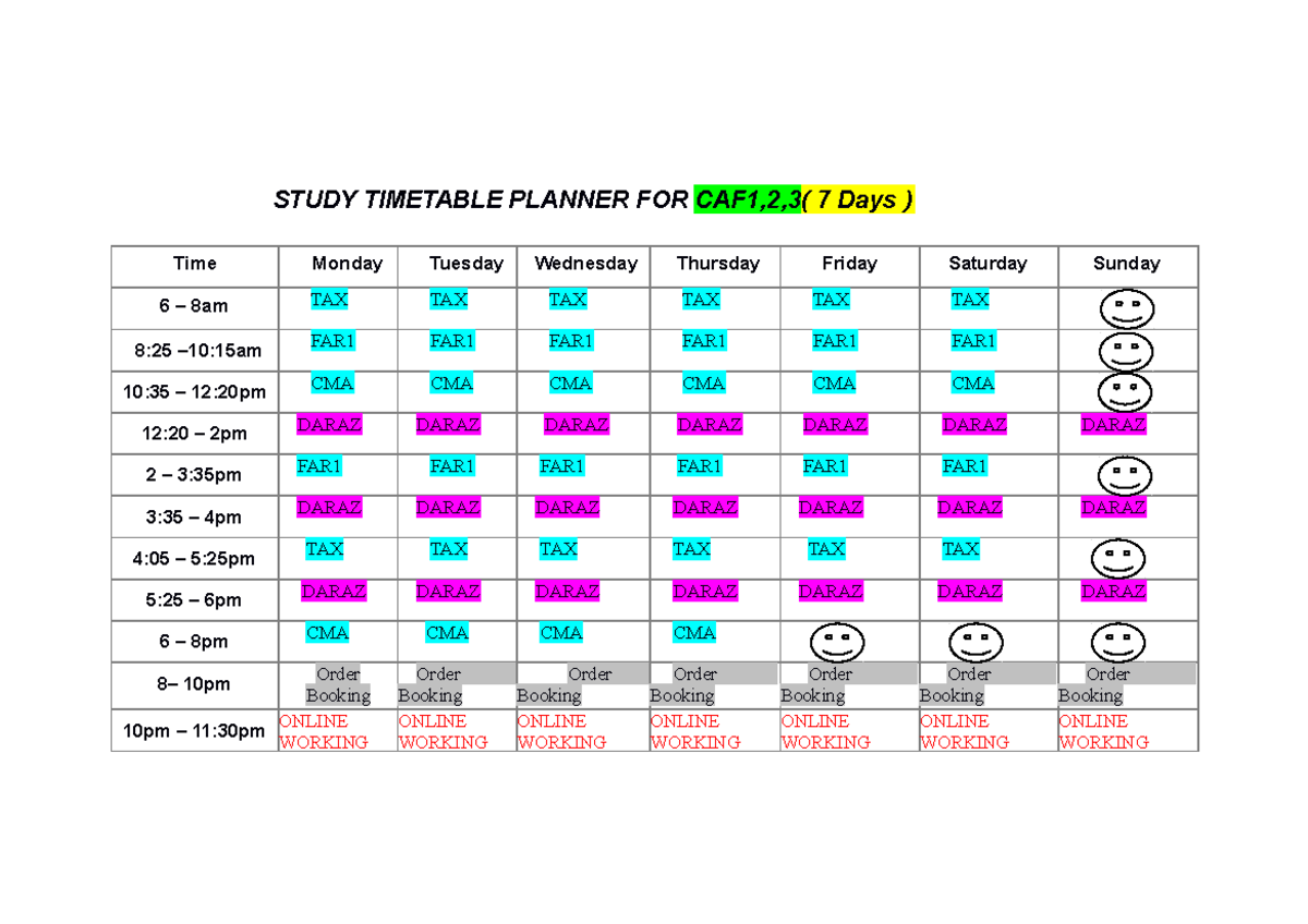 Study plan template 04 - STUDY TIMETABLE PLANNER FOR CAF1,2,3( 7 Days ...