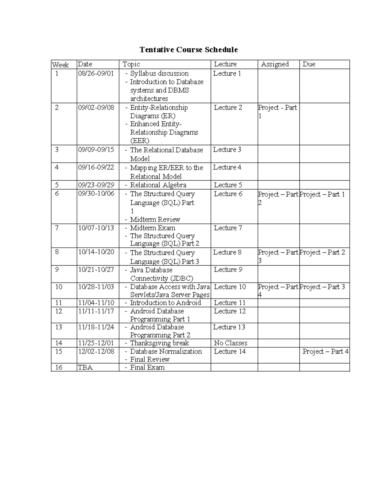 CS 550 Schedule - hi. - Tentative Course Schedule Week Date Topic Lecture Assigned Due 1 08/26 ...
