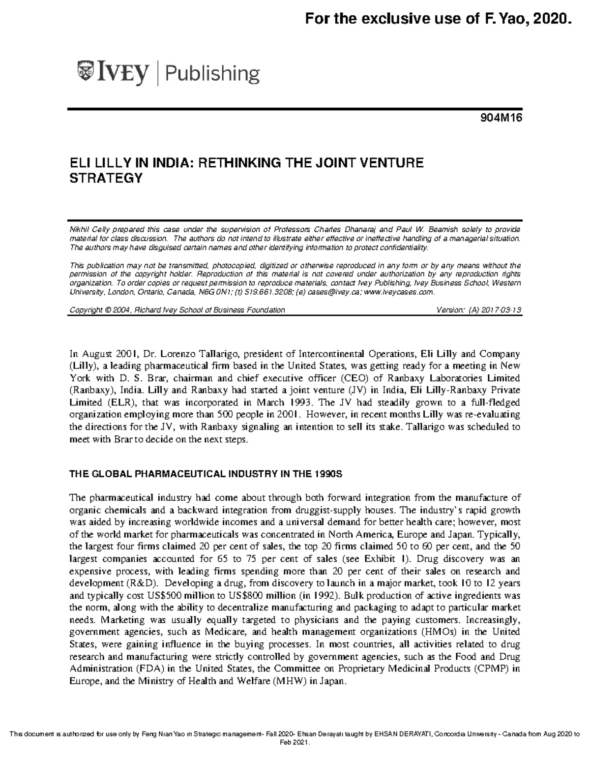 Eli-Lilly - Class cases - 904M ELI LILLY IN INDIA: RETHINKING THE JOINT ...