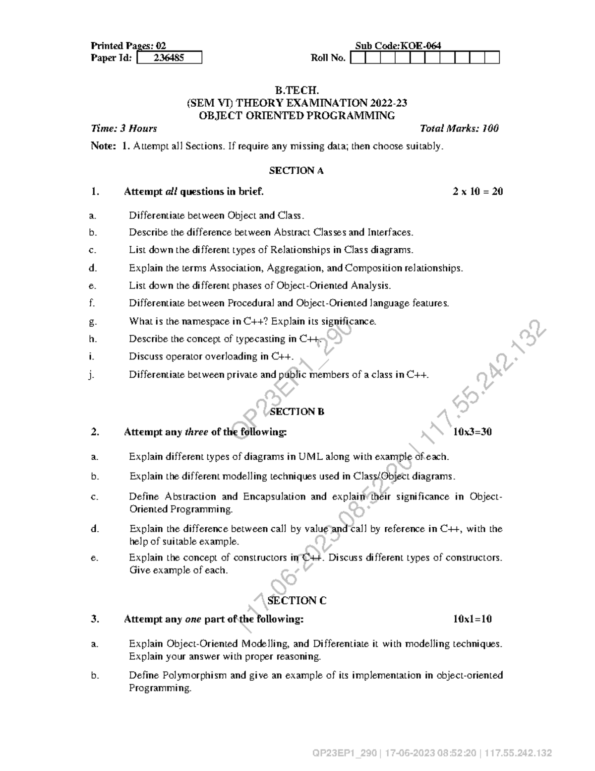 AKTU OOPS previous year questions - QP23EP1_ | 17-06-2023 08:52:20 | 117.55. QP23EP1_290 | - Studocu