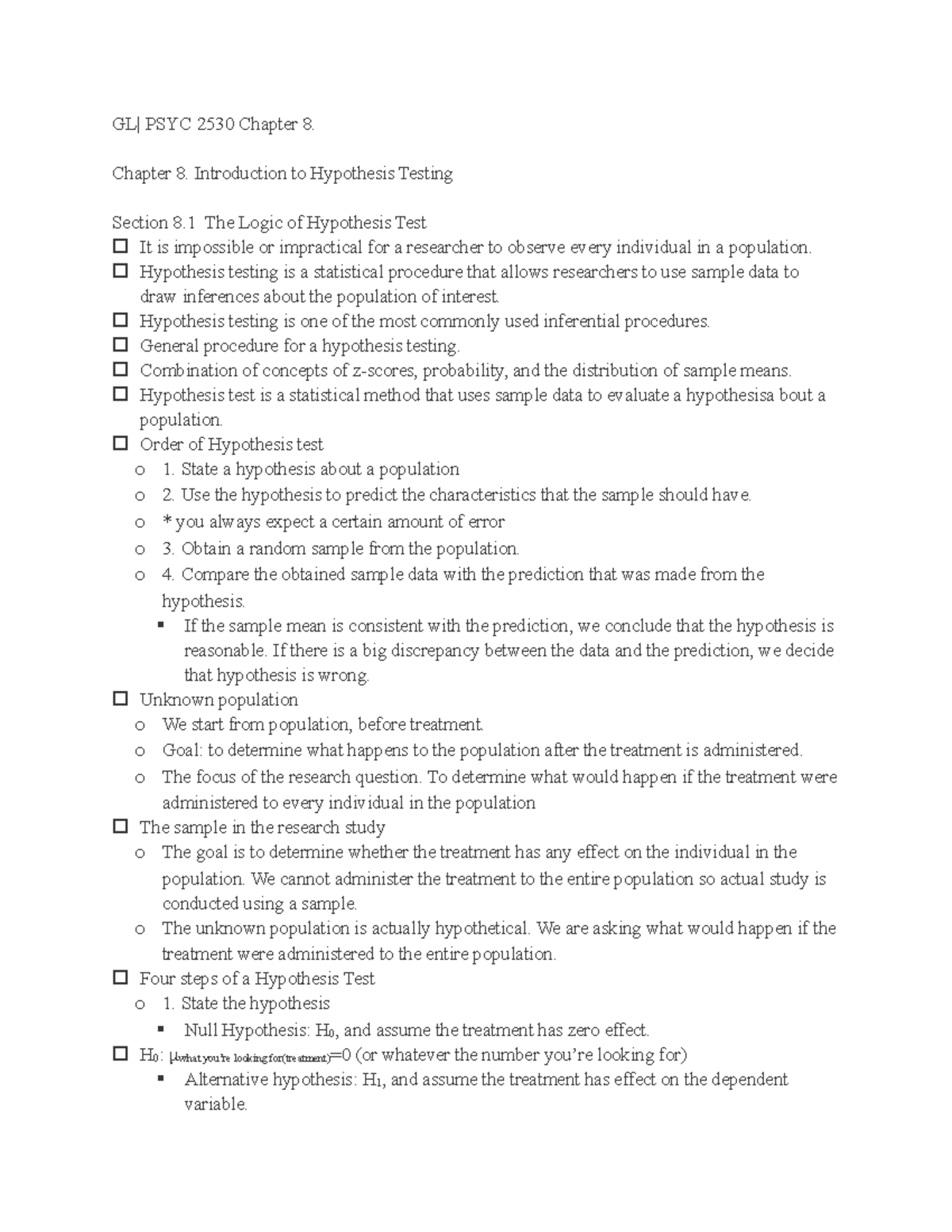 PSYC 2530 Ch 8 Note - This is a course note for Statistics I, Chapter 8. - GL| PSYC 2530 Chapter ...