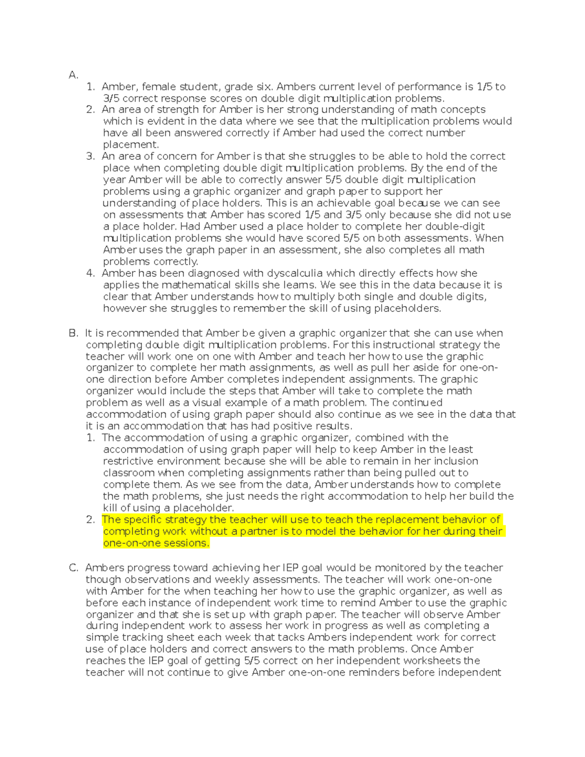 Assessement in SPED Task - A. Amber, female student, grade six. Ambers ...