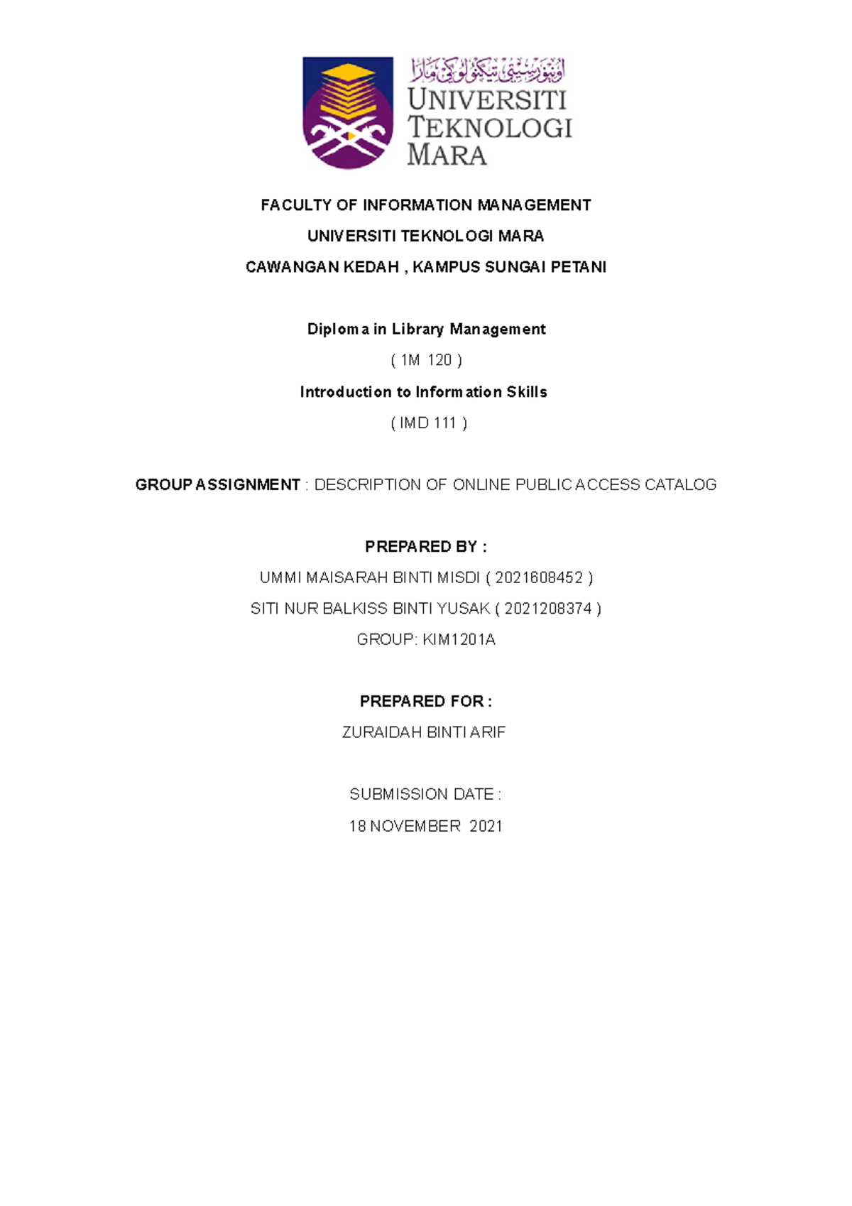 IMD111 Assignment WEBOPAC Access and How to use - FACULTY OF INFORMATION MANAGEMENT UNIVERSITI ...