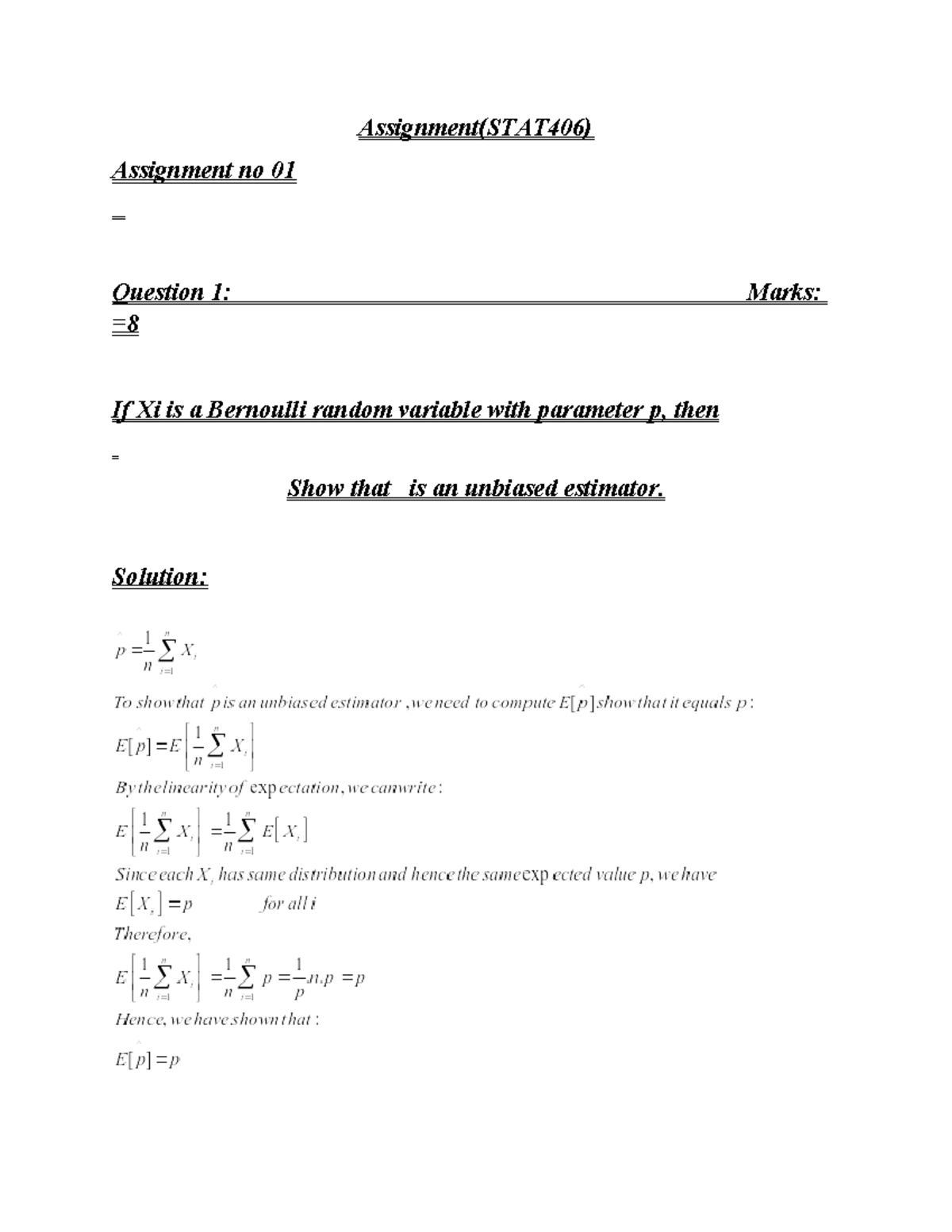 STA406 A1 SOL - Solution - bs mathmatics - Assignment(STAT406) Assignment no 01 Question 1 ...