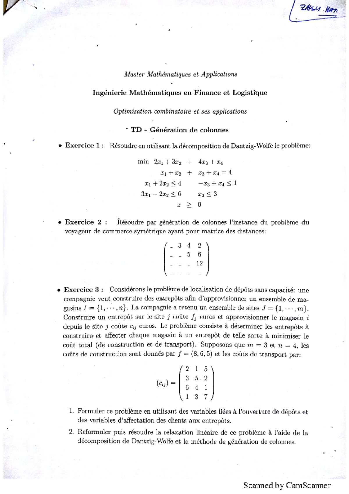 Serie 3 Generation - TD Optimisation dynamique 3 - Optimisation combinatoire - TD - Studocu