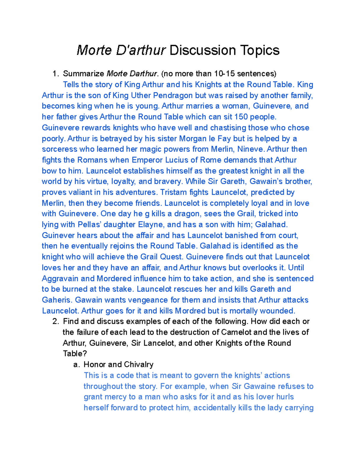 Morte Darthur Discussion Topics - Morte D'arthur Discussion Topics ...