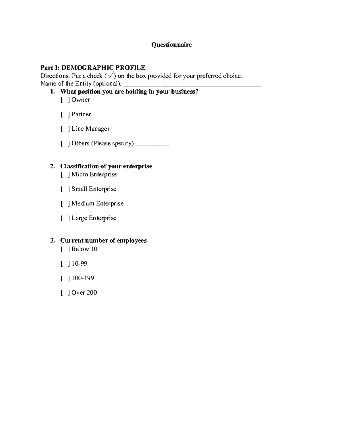 Questionnaire-MF - N/A - Questionnaire Part I: DEMOGRAPHIC PROFILE ...