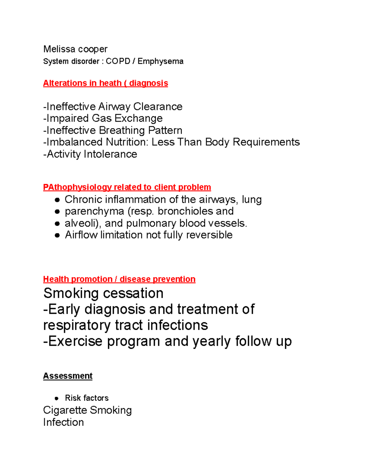 System disorder ; week 10 - Melissa cooper System disorder : COPD ...