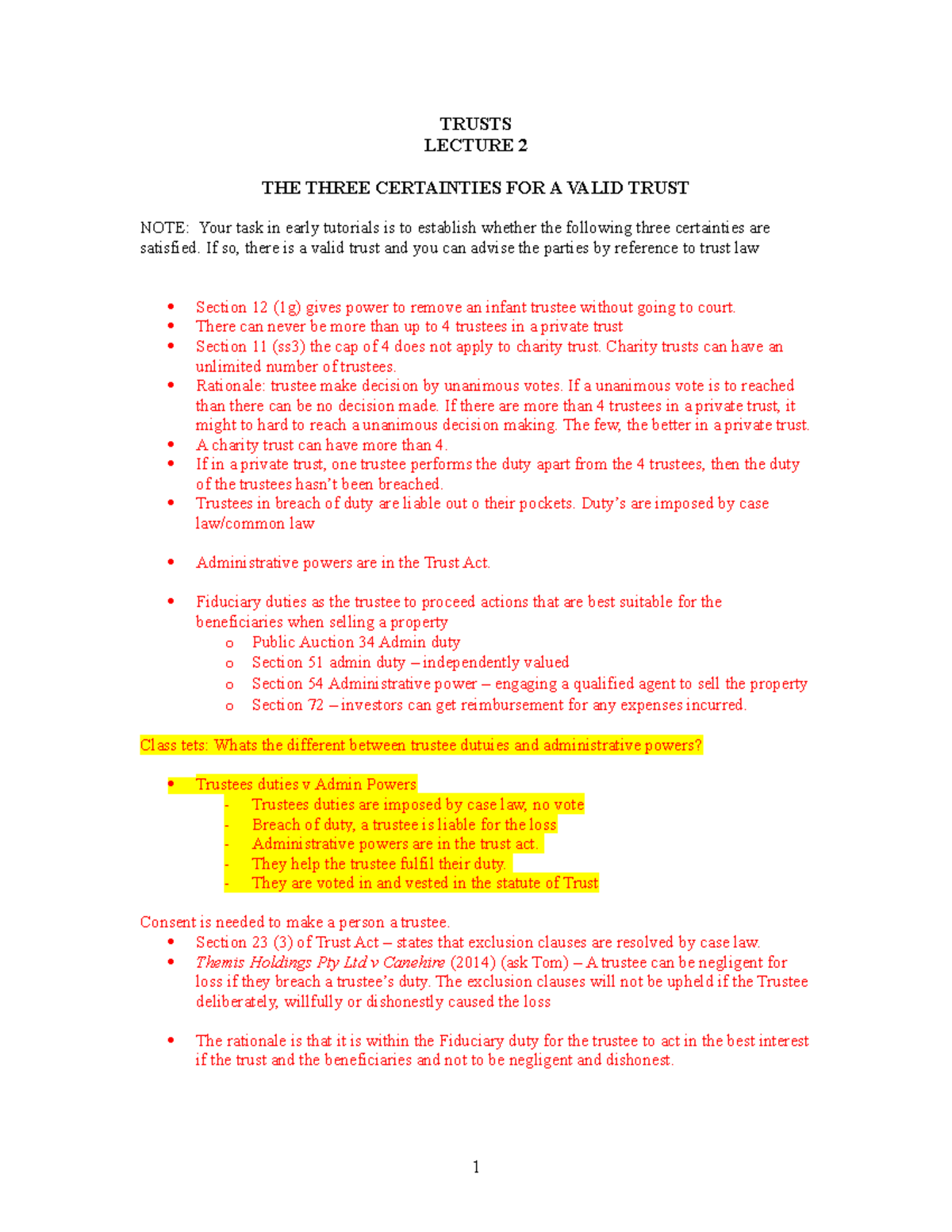 Trust Lecture 2 - TRUSTS LECTURE 2 THE THREE CERTAINTIES FOR A VALID TRUST NOTE: Your task in ...