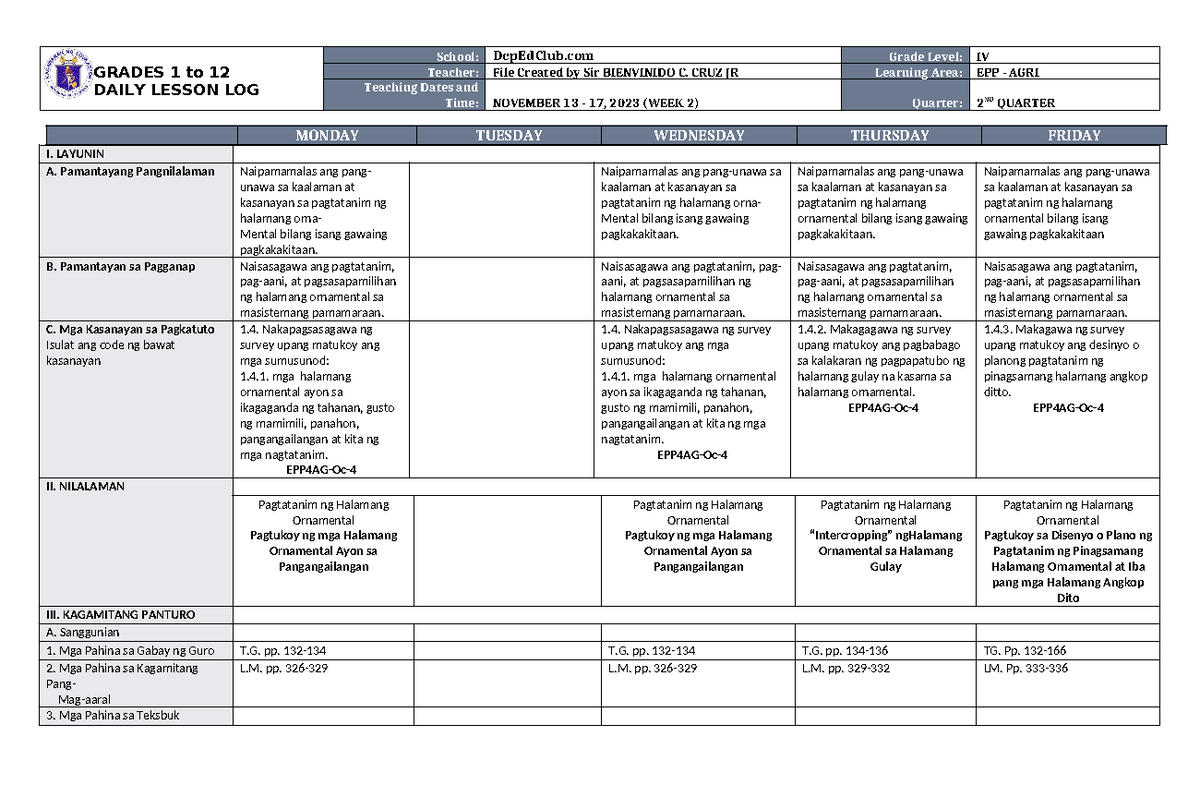 DLL EPP 4 Q2 W2 - dDadAD - GRADES 1 to 12 DAILY LESSON LOG School ...