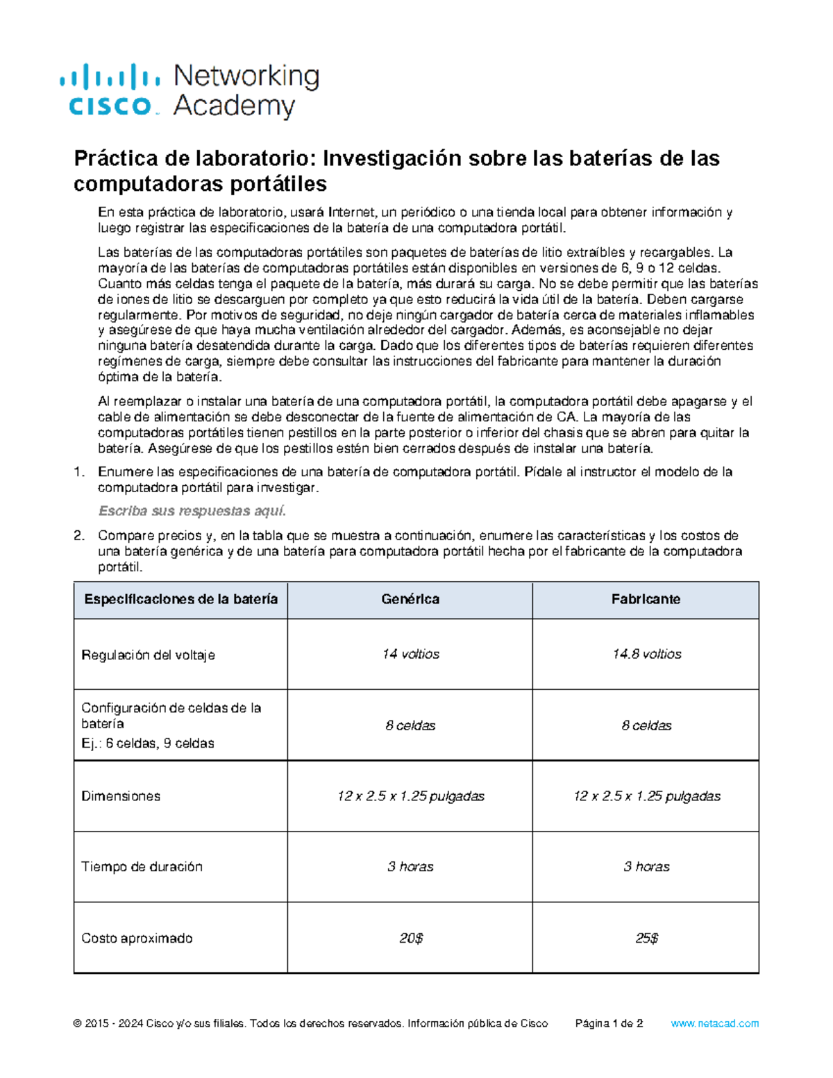 7.3.2.7 Lab - Research Laptop Batteries - 2015 - 2024 Cisco y/o sus ...