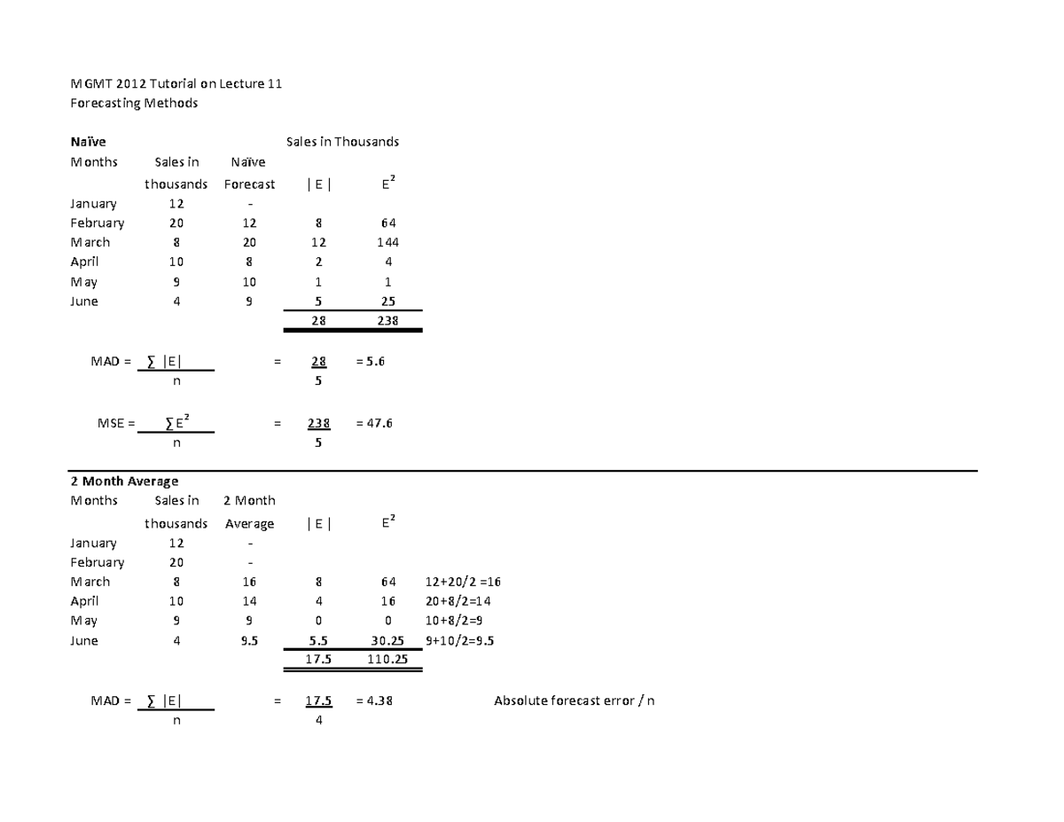 Forecasting Techniques - Tutorial Answers - Managerial economics - Studocu