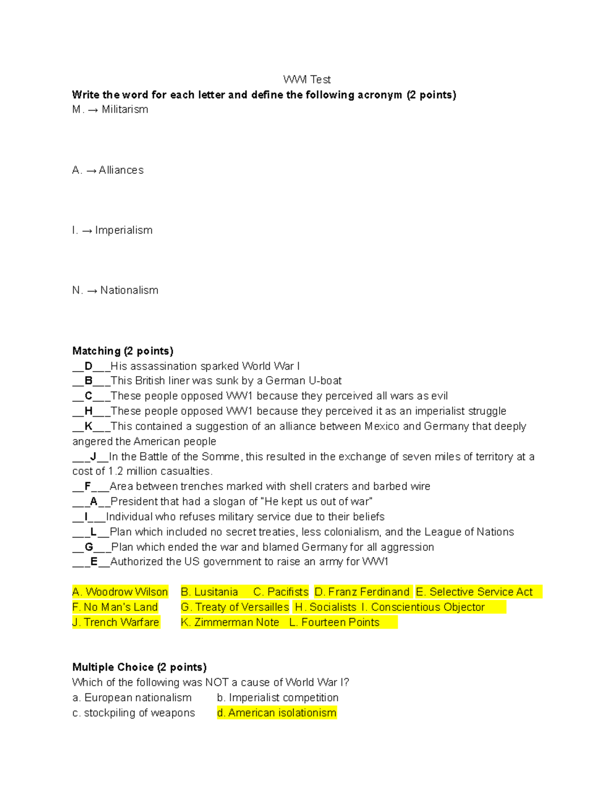 Copy of Emma Diaz - WW1 Test Online - WWI Test Write the word for each ...