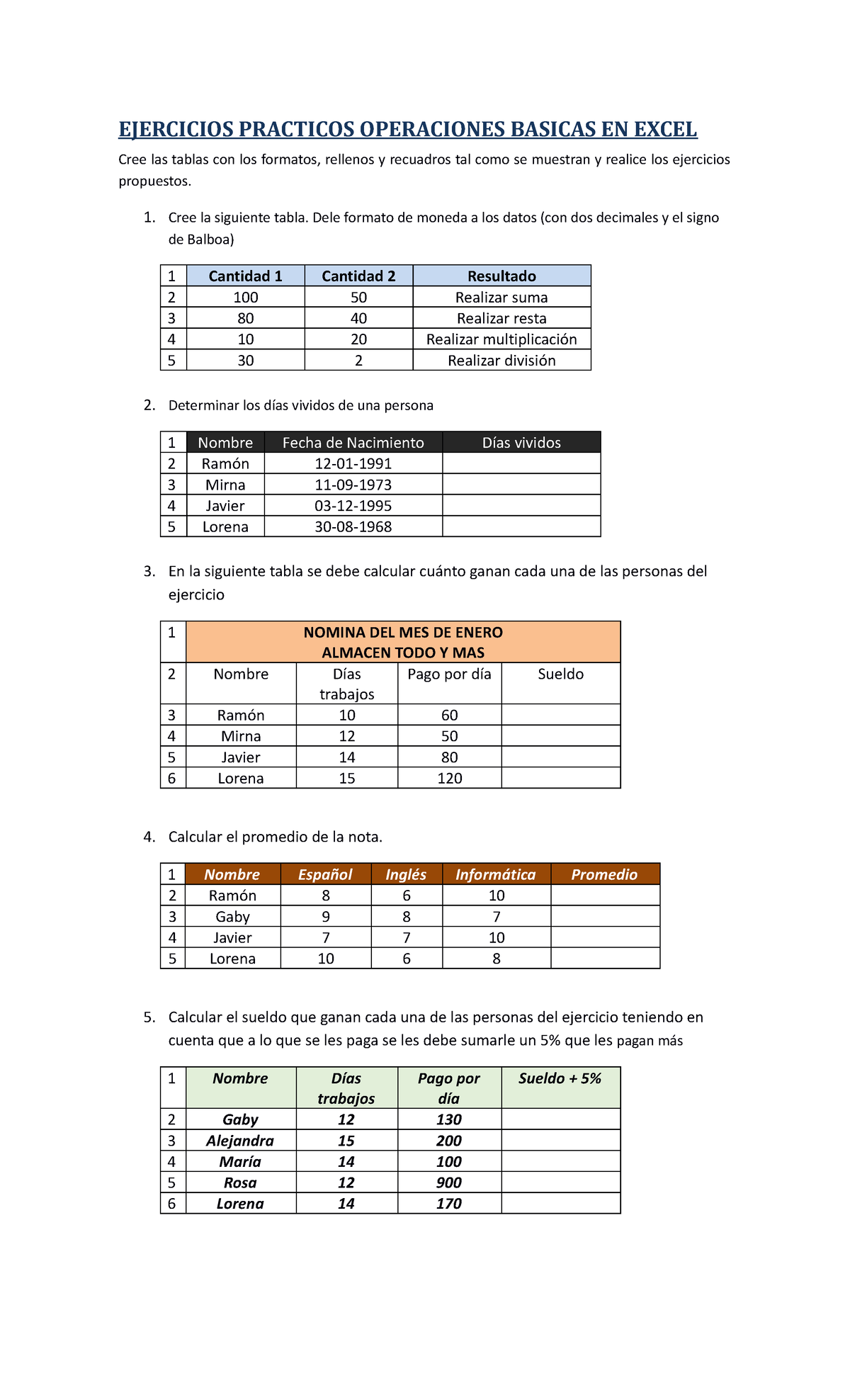 Ejercicios Practicos Operaciones Basicas - EJERCICIOS PRACTICOS OPERACIONES BASICAS EN EXCEL ...