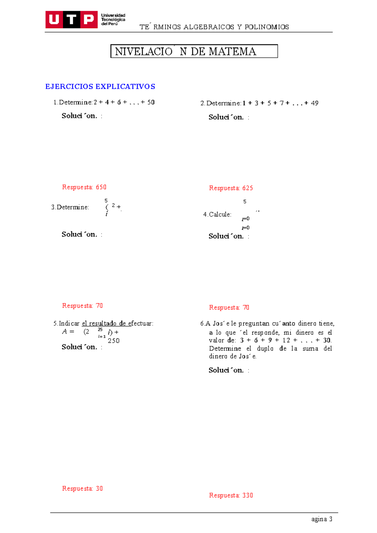 Sumatorias - Practica nivel medio - TE ́RMINOS ALGEBRAICOS Y POLINOMIOS NIVELACIO ́ N DE MATEMA ...