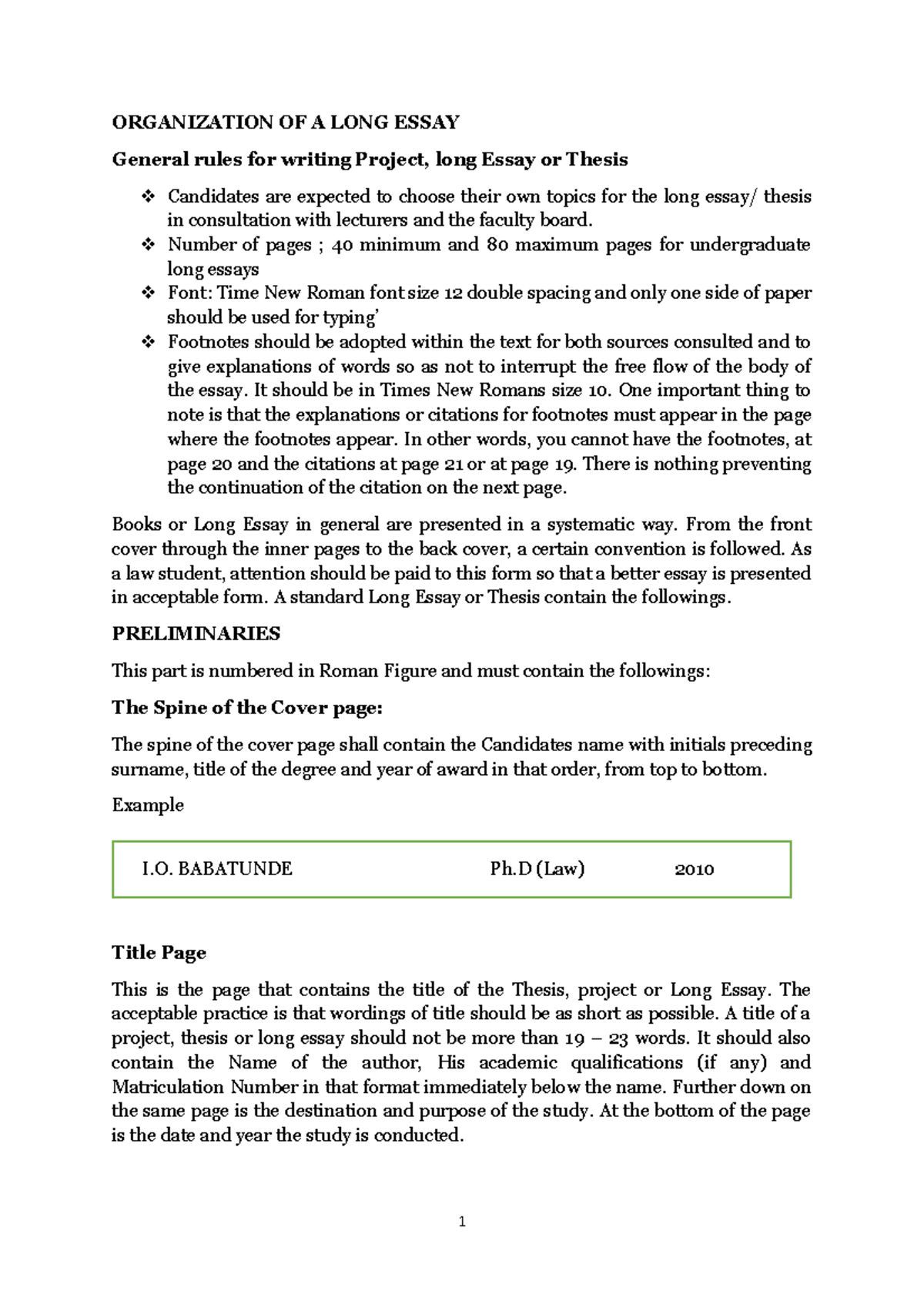 Organisation OF A LONG Essay - ORGANIZATION OF A LONG ESSAY General ...