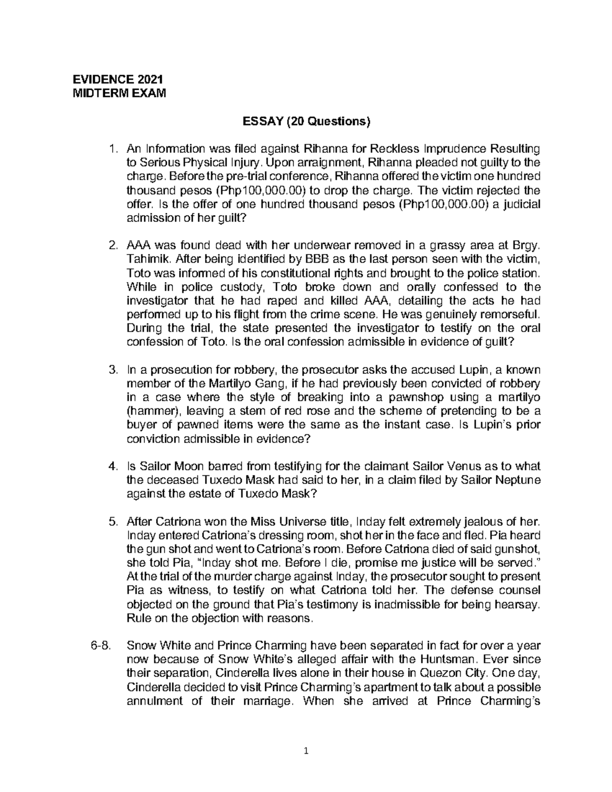 Evidence 2021 Midterm - lawlaw - 1 EVIDENCE 2021 MIDTERM EXAM ESSAY (20 ...