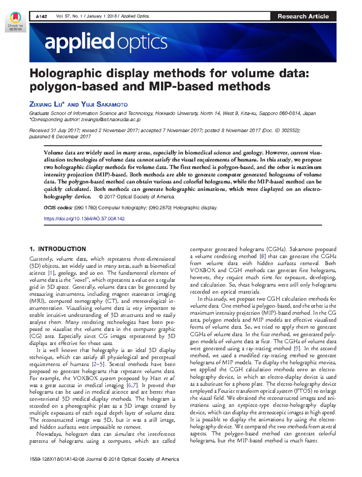 Ao 57 1 a142 - Notes - Holographic display methods for volume data ...