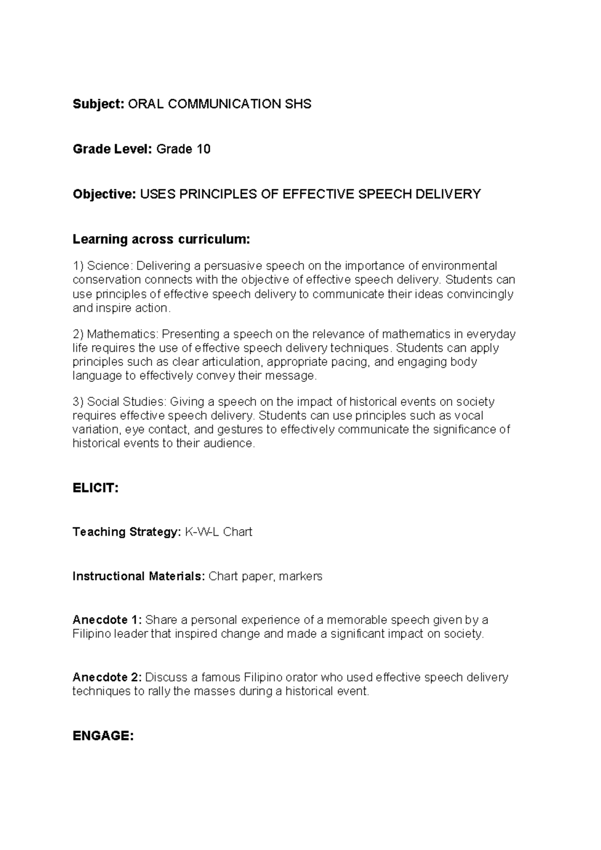 Lesson plan - NOTES - Subject: ORAL COMMUNICATION SHS Grade Level ...