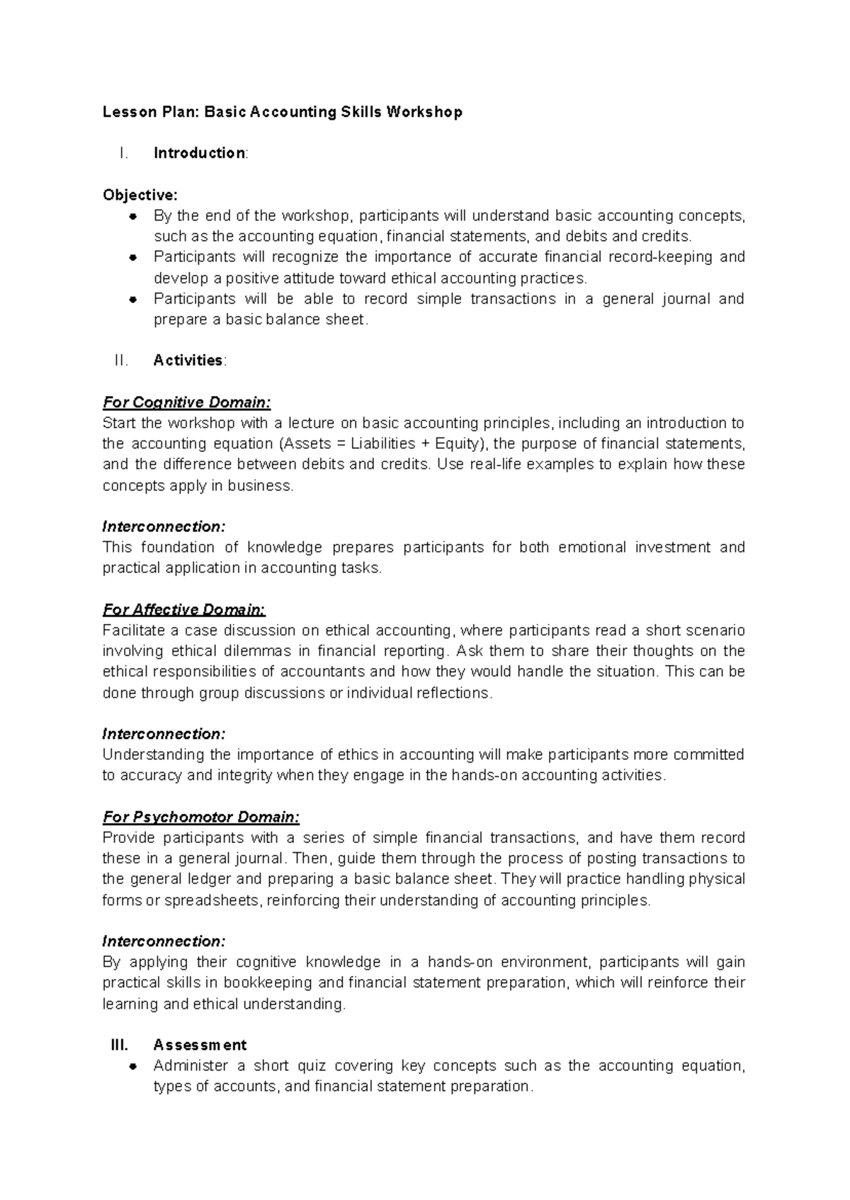 Domains OF Learning - Lesson Plan: Basic Accounting Skills Workshop I ...