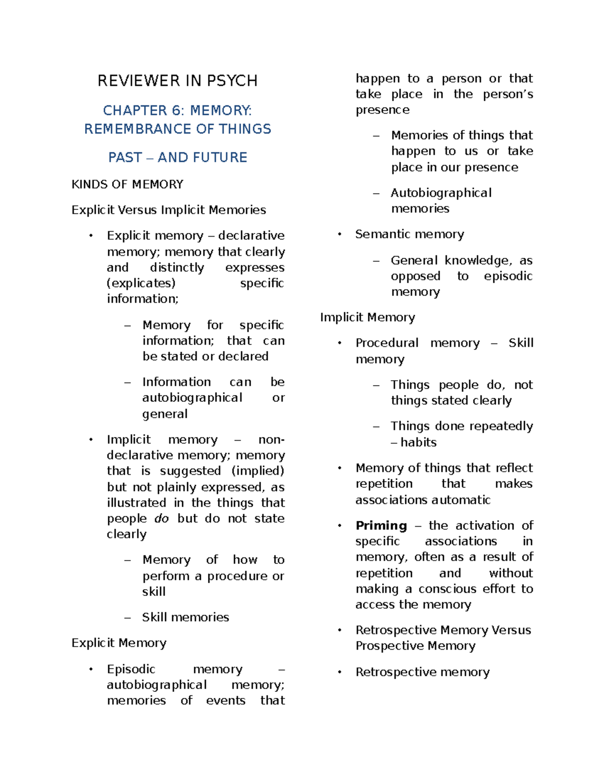 Reviewer IN Psych CHAP6 - REVIEWER IN PSYCH CHAPTER 6: MEMORY ...