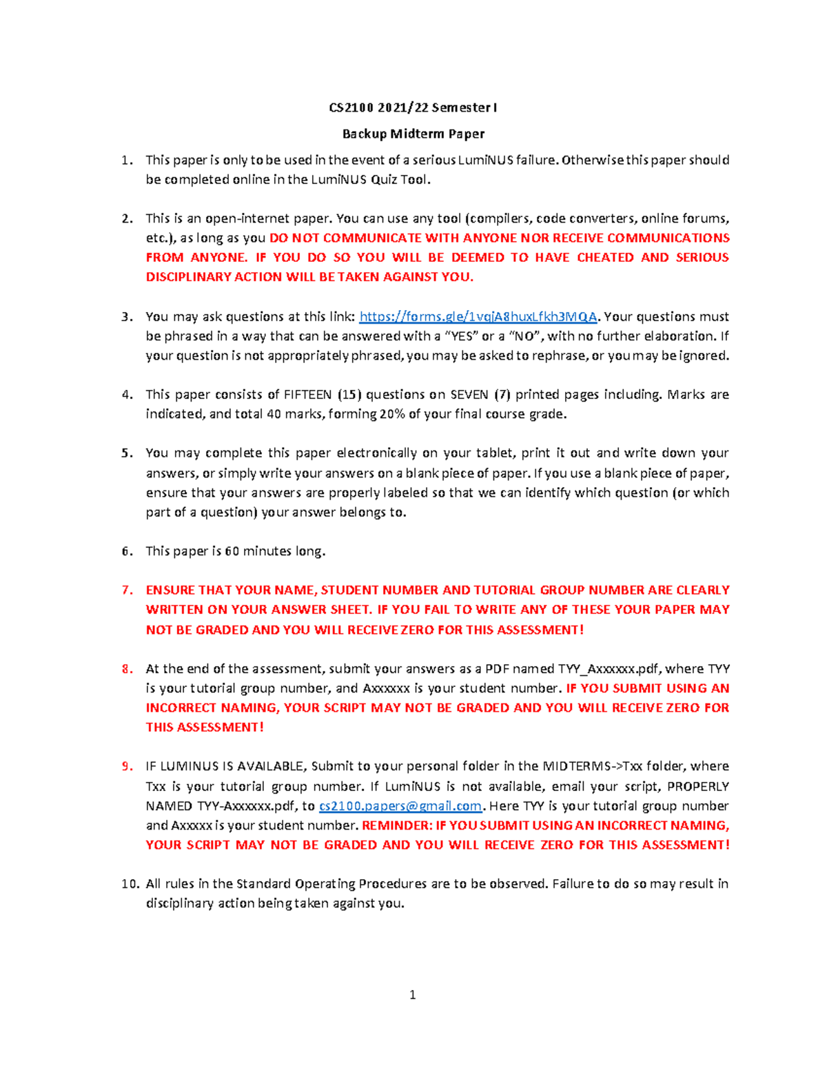 Midterm 21s1 qns - CS2100 2021/22 Semester I Backup Midterm Paper This ...