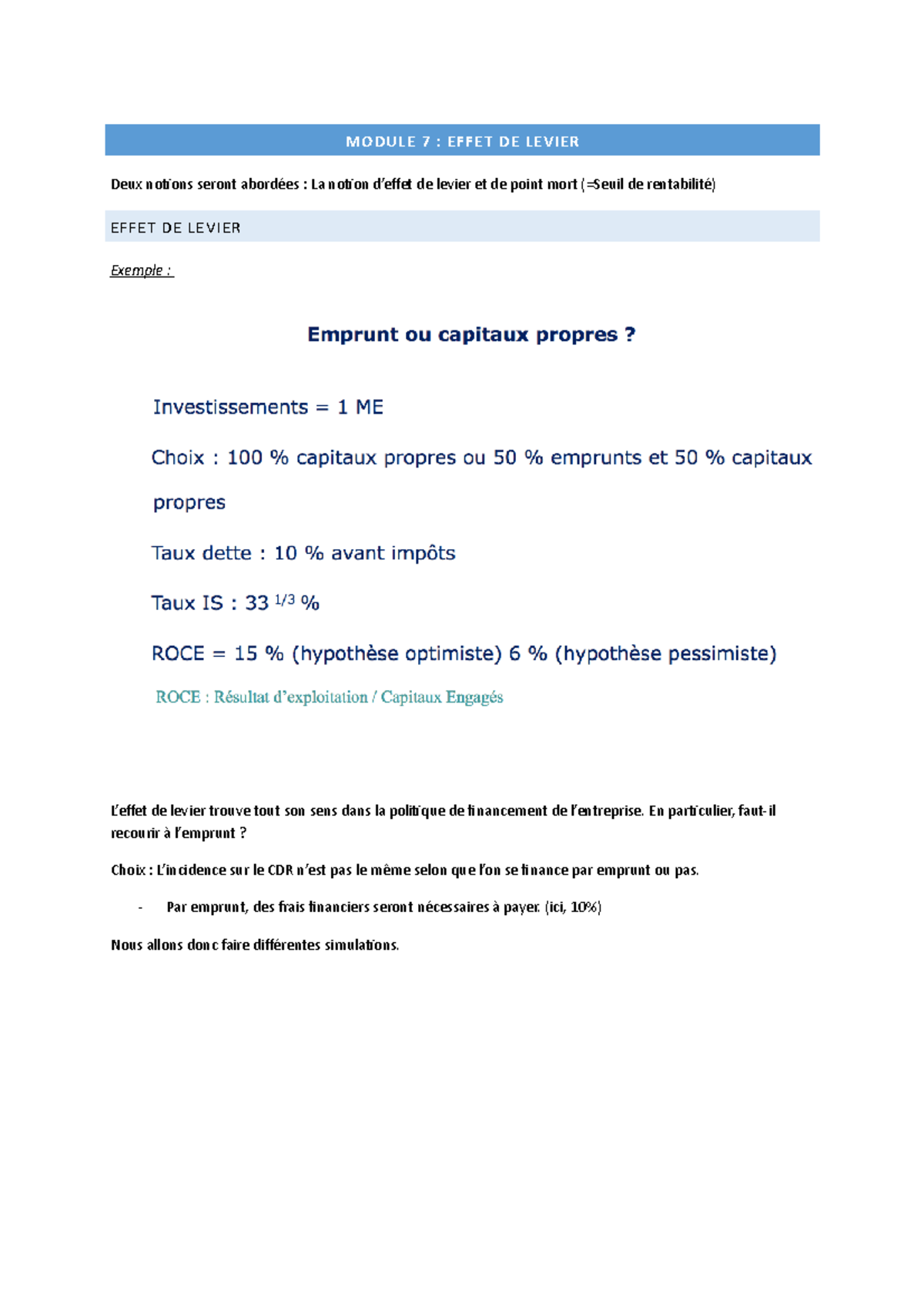 Cours Module 7 - MODULE 7 : EFFET DE LEVIER Deux notions seront abordées : La notion d’effet de ...