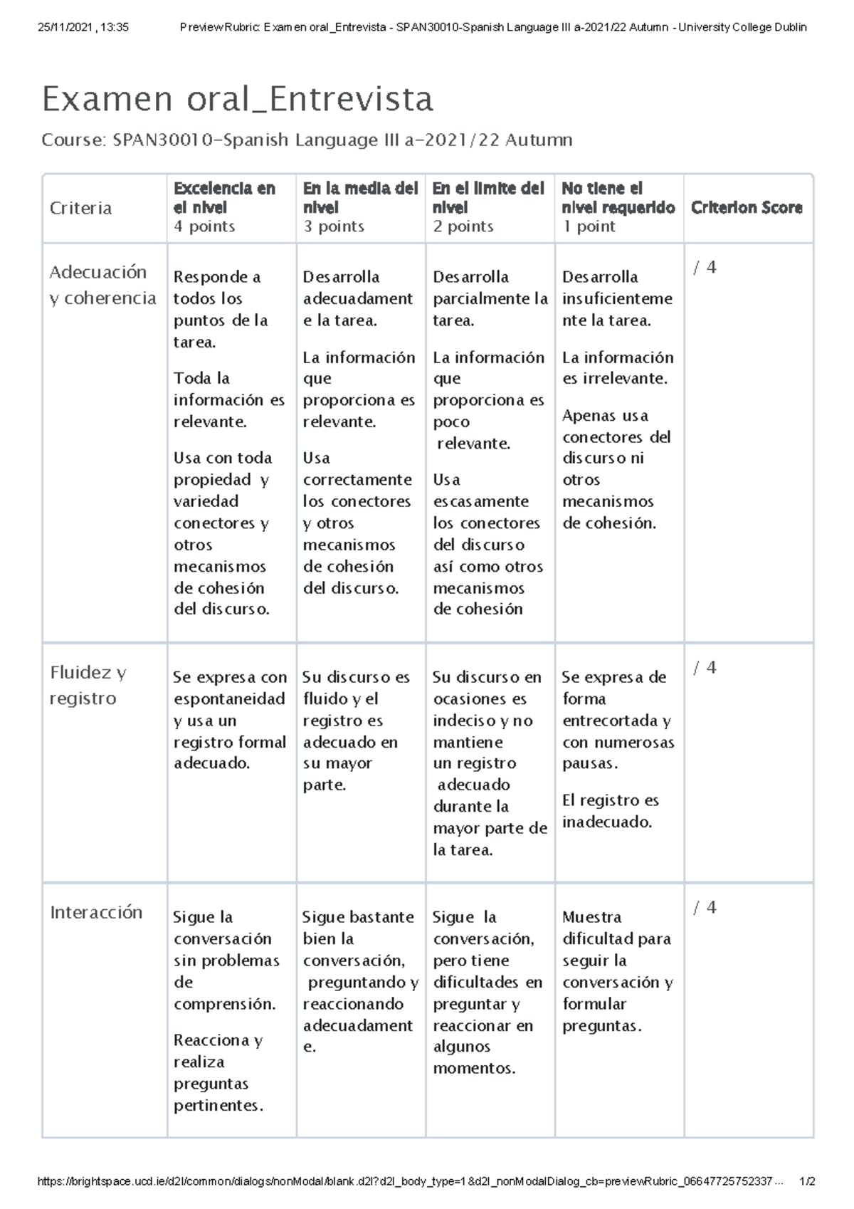 Rubric Examen oral Entrevista - SPAN30010-Spanish Language III a-2022 ...