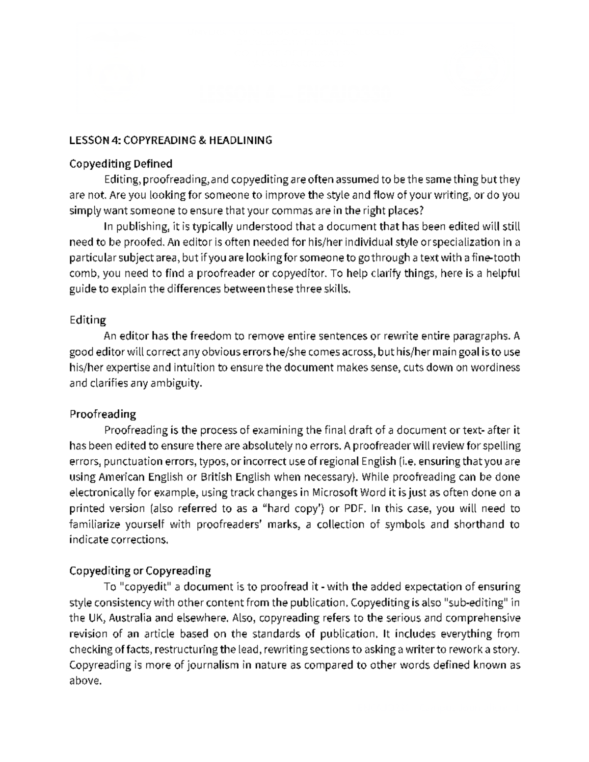 Copyreading AND Headlining - Campus Journalism - LESSON 4 – ENCAJO3 ...