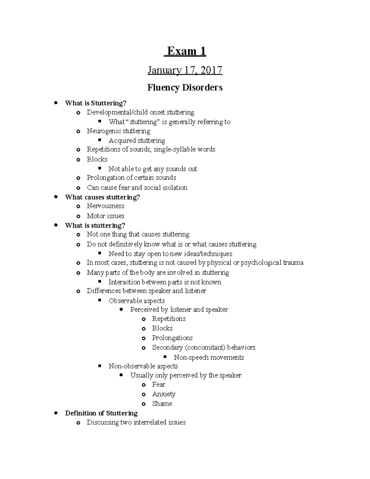 Notes for Test 1 - Fluency Disorders; Theories of Stuttering ...
