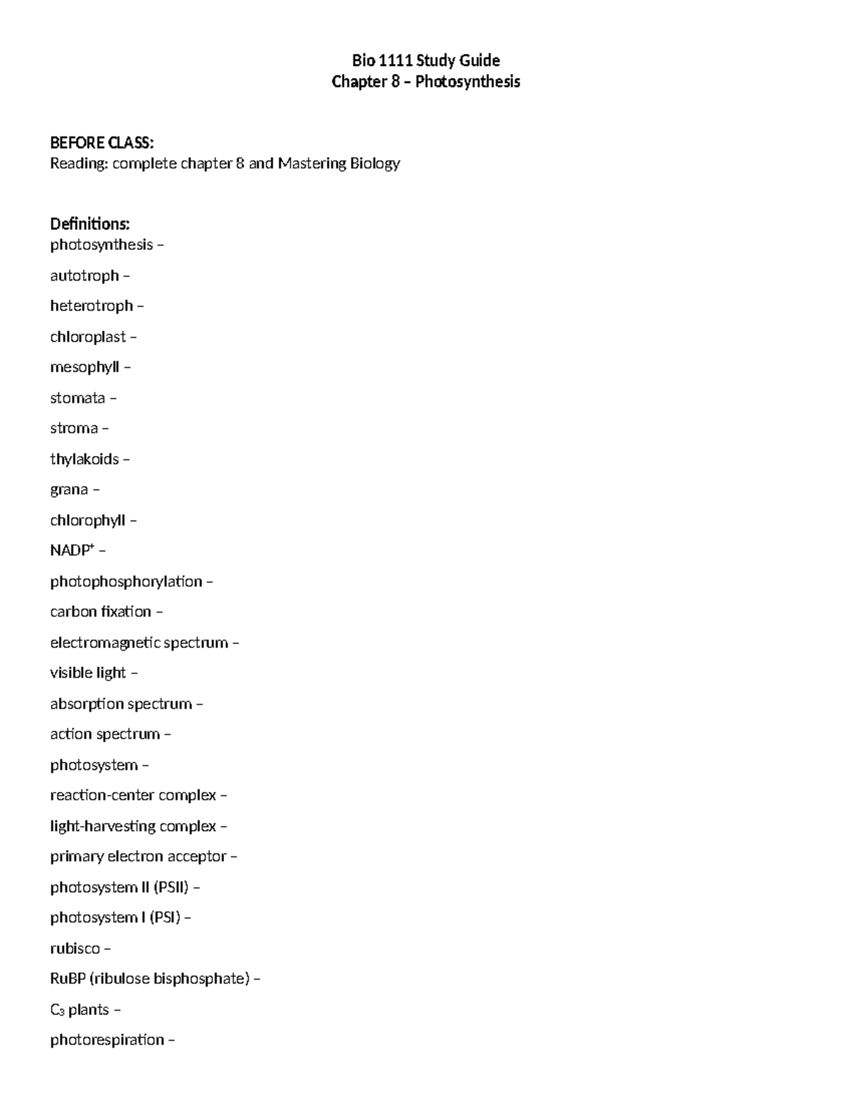 8 Chapter Guide photosynthesis - Bio 1111 Study Guide Chapter 8 ...