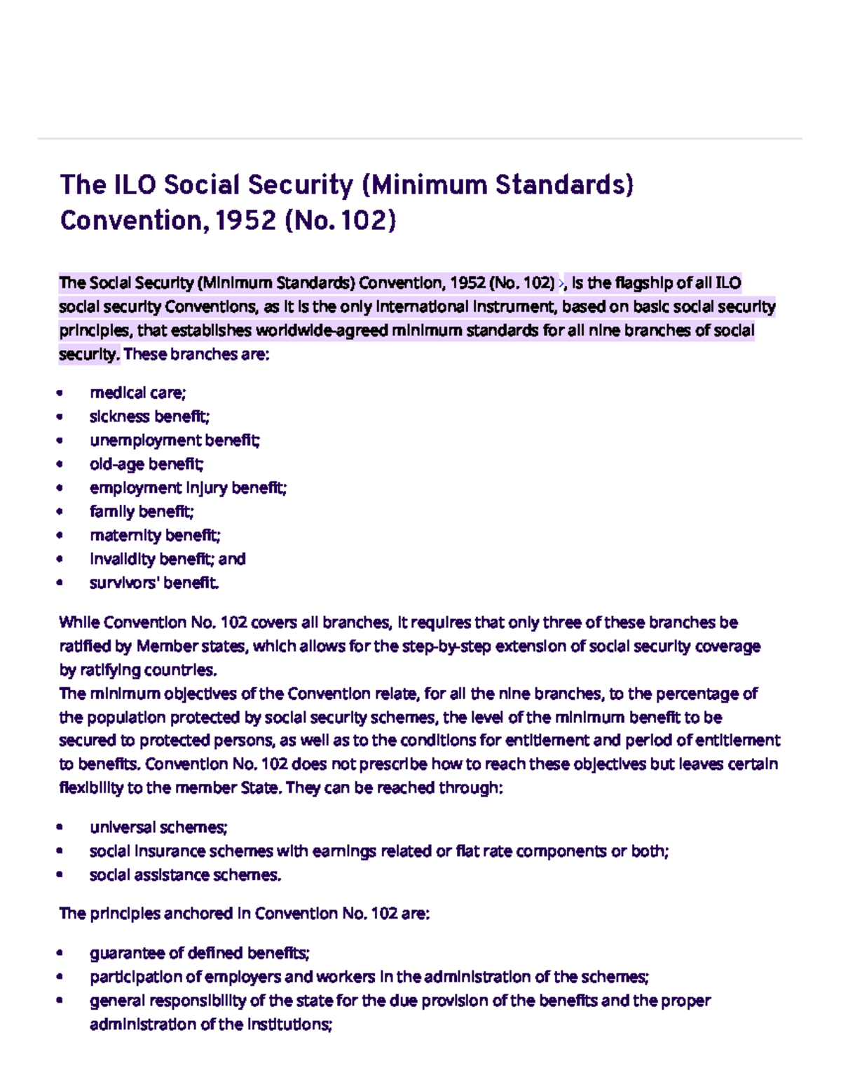 The ILO Social Security (Minimum Standards) Convention, 1952 (No. 102 ...