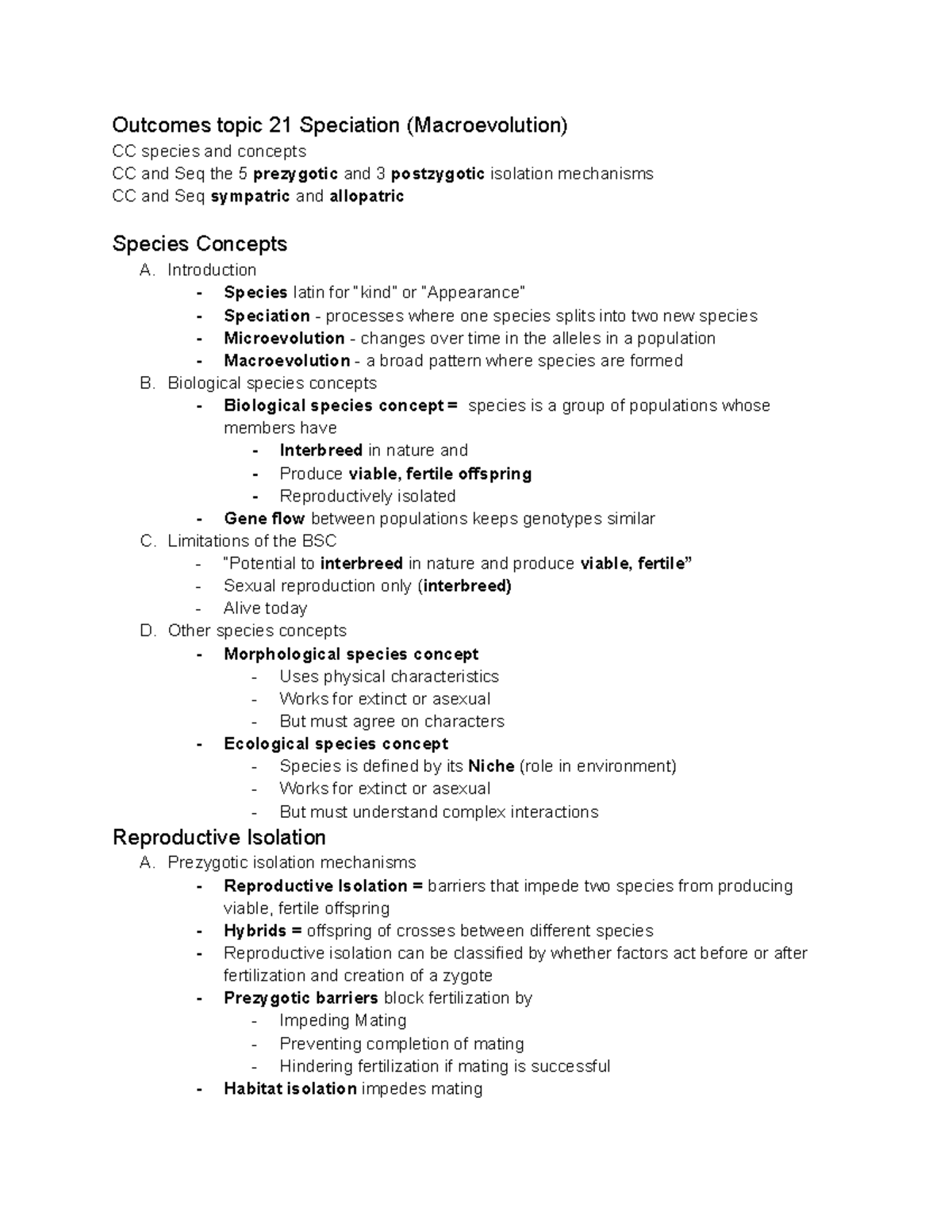 Outcomes for lecture 16 - gene regulation-6 - Outcomes topic 21 Speciation (Macroevolution) CC ...