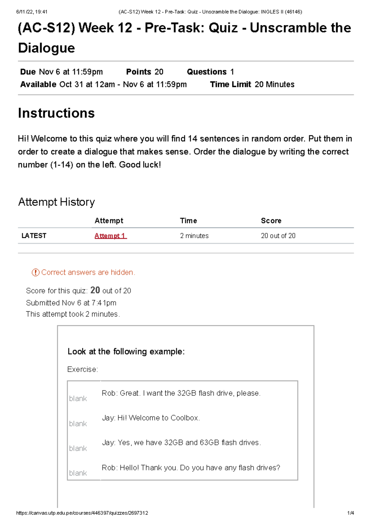 (AC-S12) Week 12 - Pre-Task Quiz - Unscramble the Dialogue Ingles II (46146) - (AC-S12) Week 12 ...