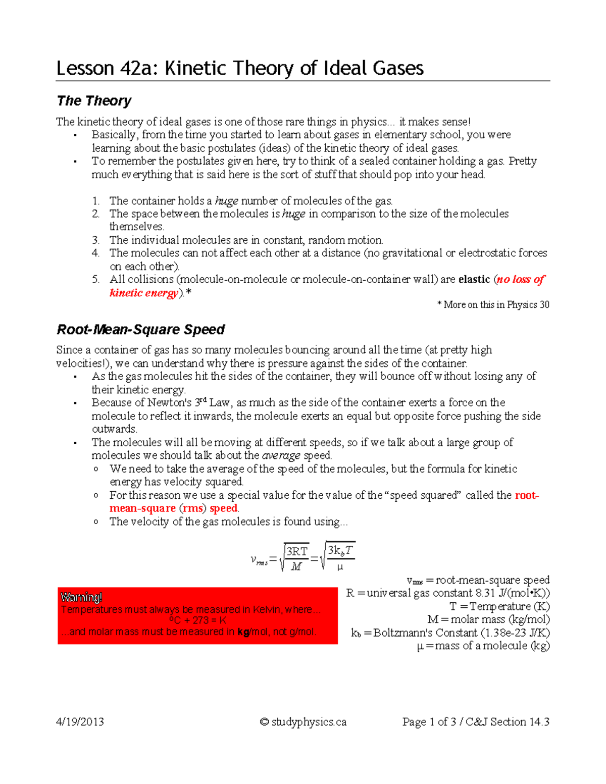 42a ap kinetic theory gases - Lesson 42a: Kinetic Theory of Ideal Gases ...