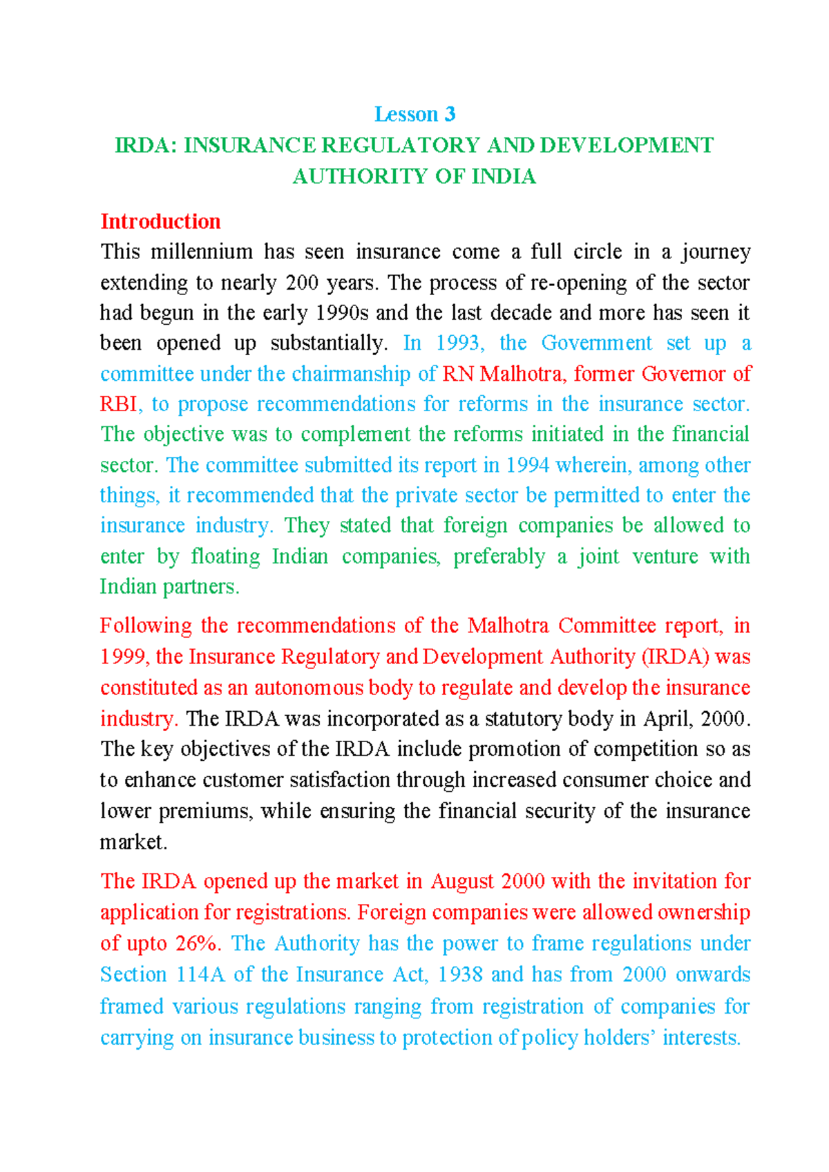Lesson-3 - IRDA- IRDA - Lesson 3 IRDA: INSURANCE REGULATORY AND ...