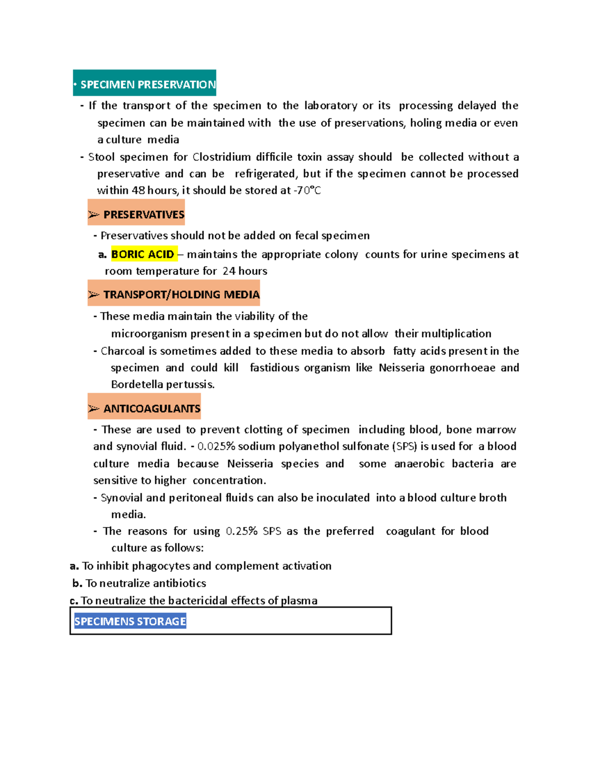 Specimen Preservation - • SPECIMEN PRESERVATION - If the transport of ...